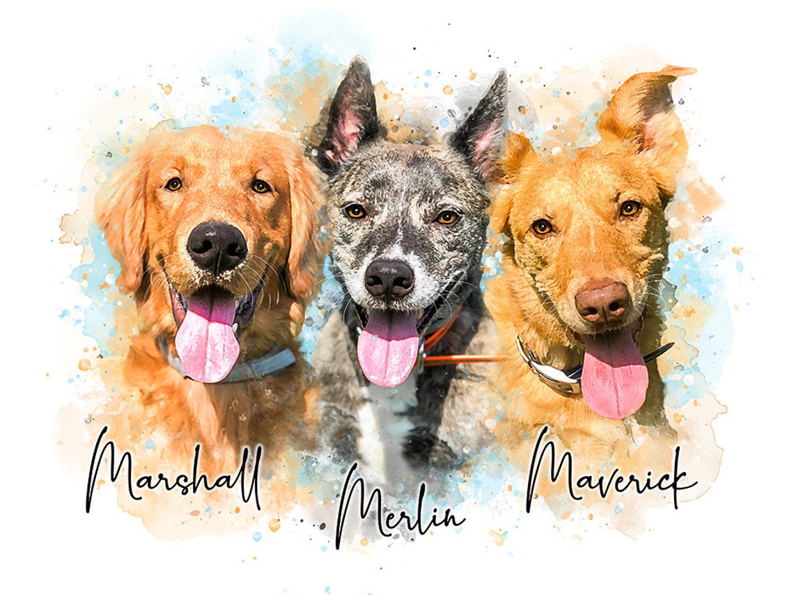 Dog Portrait Custom Multiple Pet Portrait Watercolor Dog | Etsy