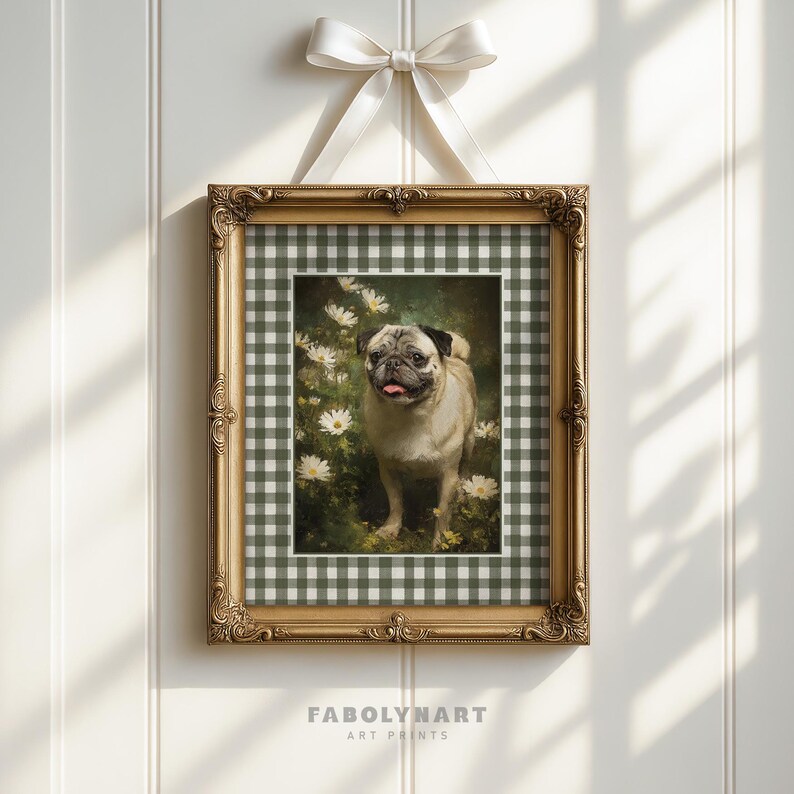 Vintage Gingham Pug Wall Art Print, Floral Gift for Dog Mom, Moody Pet ...