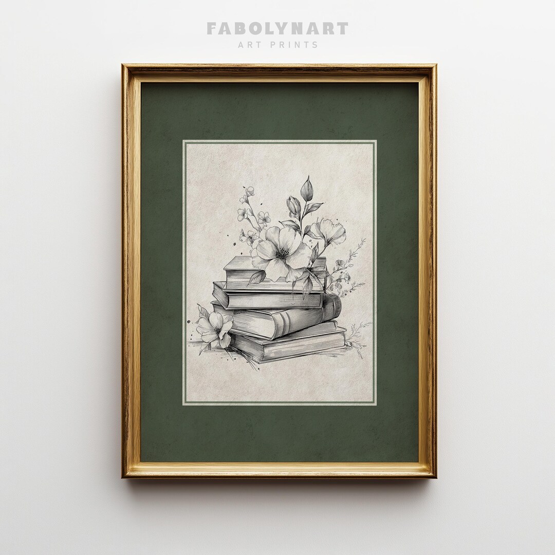 Floral Stack of Books Sketch Wall Art Print, Sage Green Library Decor ...