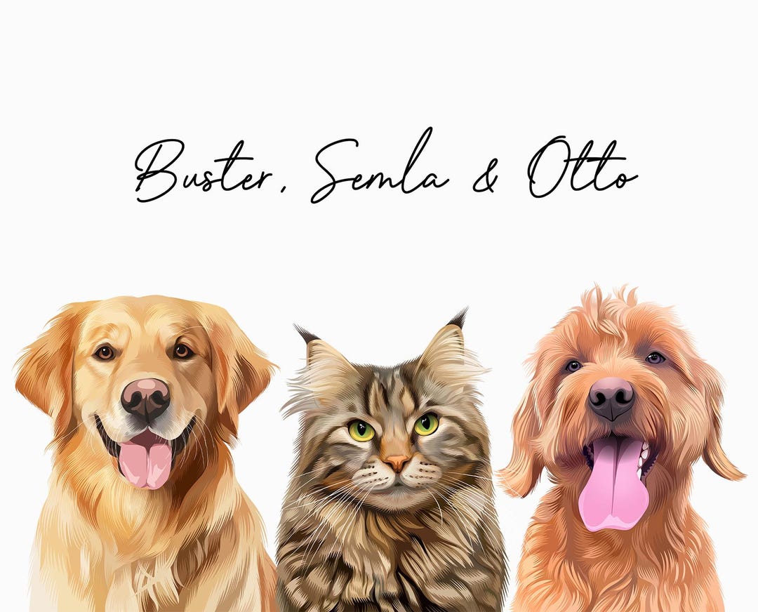 Custom Multi Pet Portrait From Photo, Personalized Three Dogs Portrait ...
