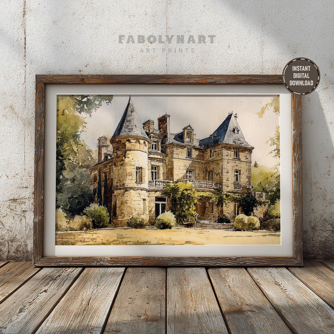 Printable Vintage Castle Wall Art Print, Rustic Palace Watercolor ...