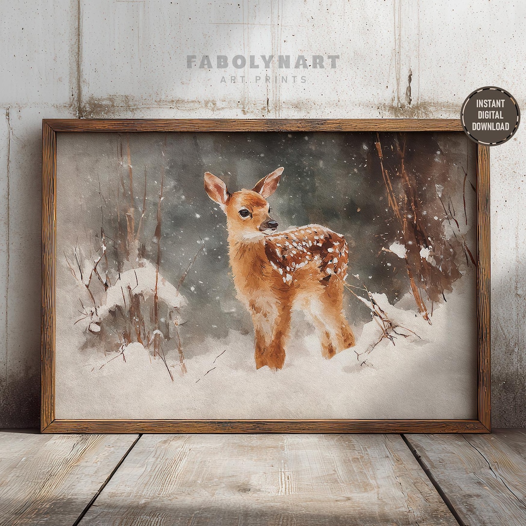 Printable Winter Deer Fawn Print, Rustic Christmas Decor, Retro Vintage ...