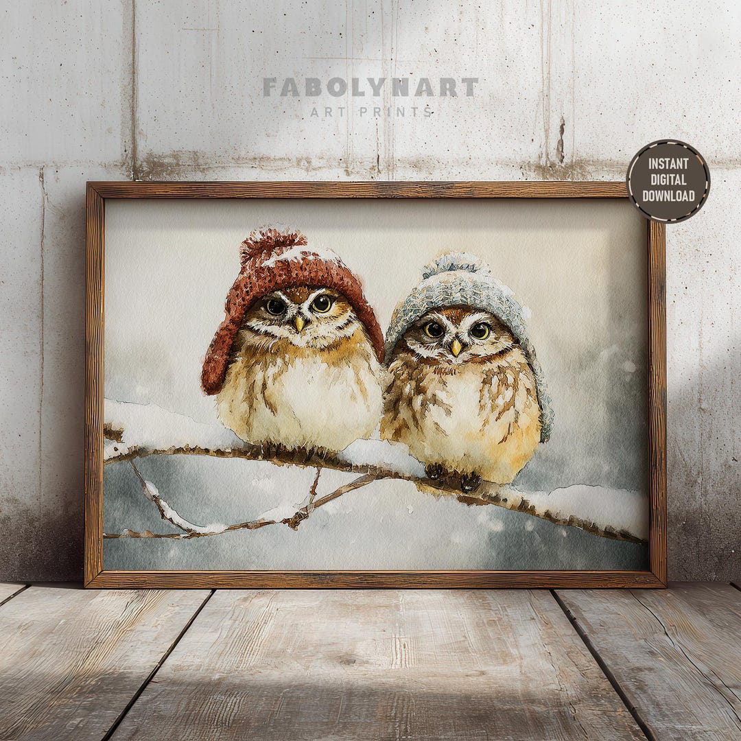 Printable Cozy Winter Owls Print, Woodland Wall Art, Cute Two Owls ...
