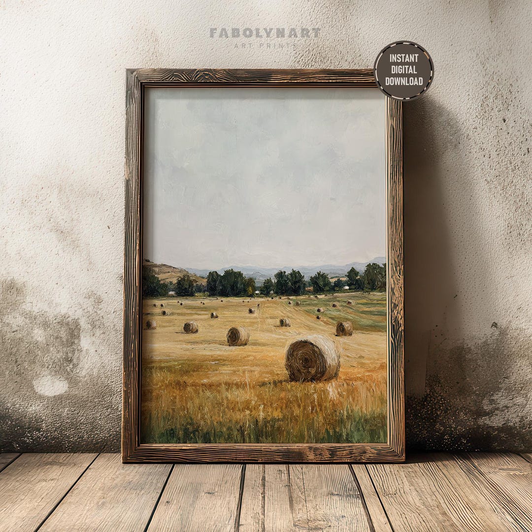 Printable Vintage Field of Hay Bales Wall Art Print, Rustic Oil ...