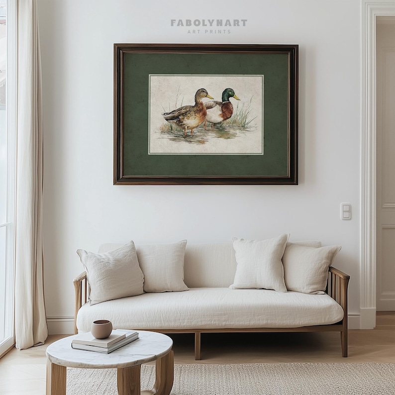 Printable Rustic Two Mallard Ducks Wall Art Print, Sage Green Vintage ...