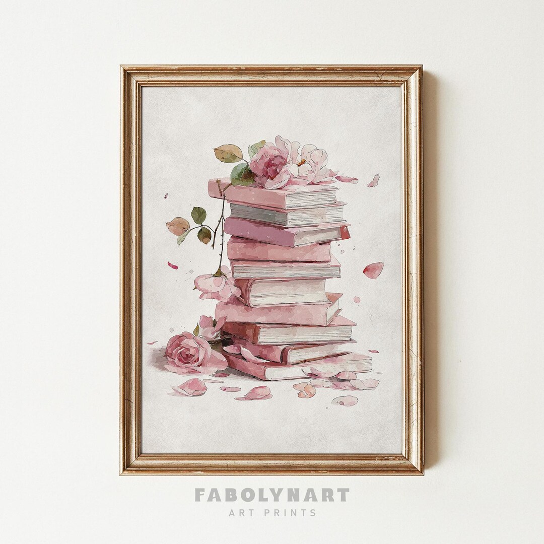 Romantic Stack of Books Wall Art Print, Pink Roses & Books Painting ...
