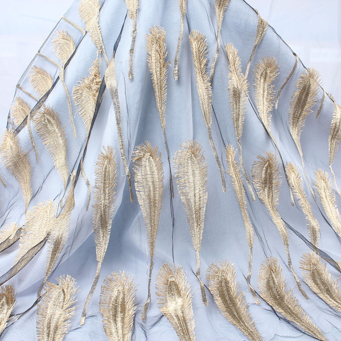 1 Yard Translucent Tulle Mesh Fabric Feathers Appliqued for - Etsy