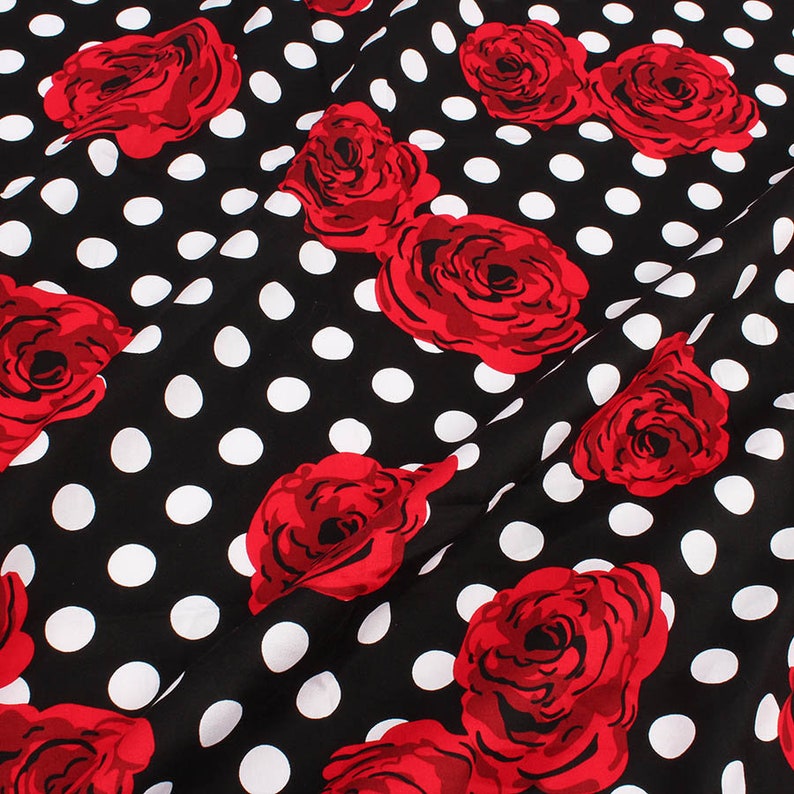 1 Yard Red Roses Flower Dots Pattern Cotton Twill Fabric for - Etsy