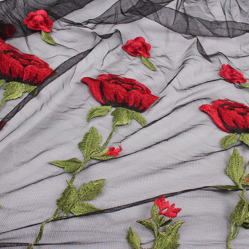 Red Floral Rose Lace Fabric Bilateral Embroidered Net Fabric - Etsy