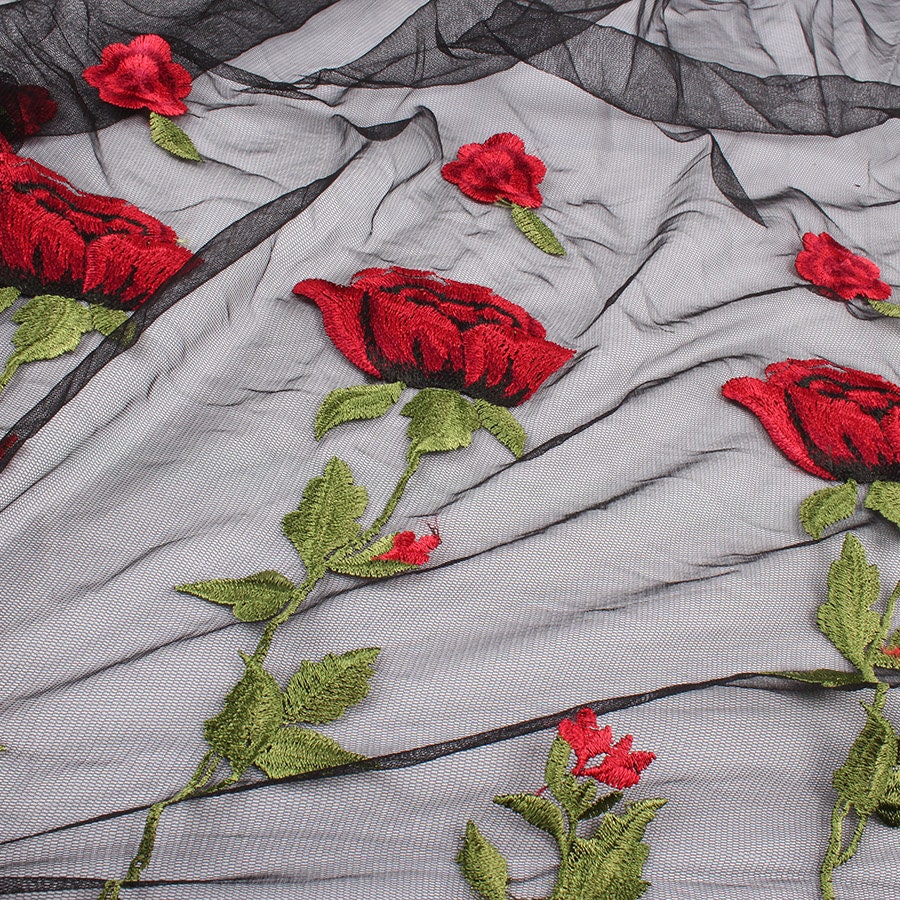 Red Floral Rose Lace Fabric Bilateral Embroidered Net Fabric - Etsy