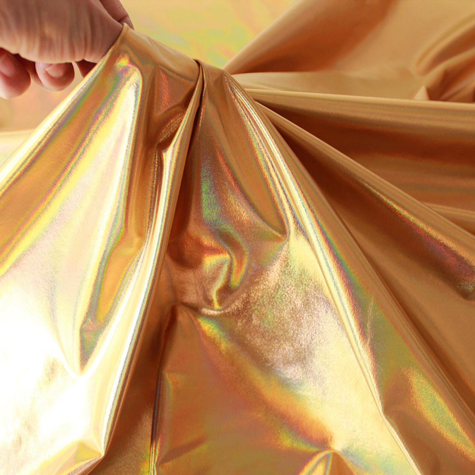 Gold - 2 Way Stretch Metallic Holographic Spandex Fabric Iridescent ...