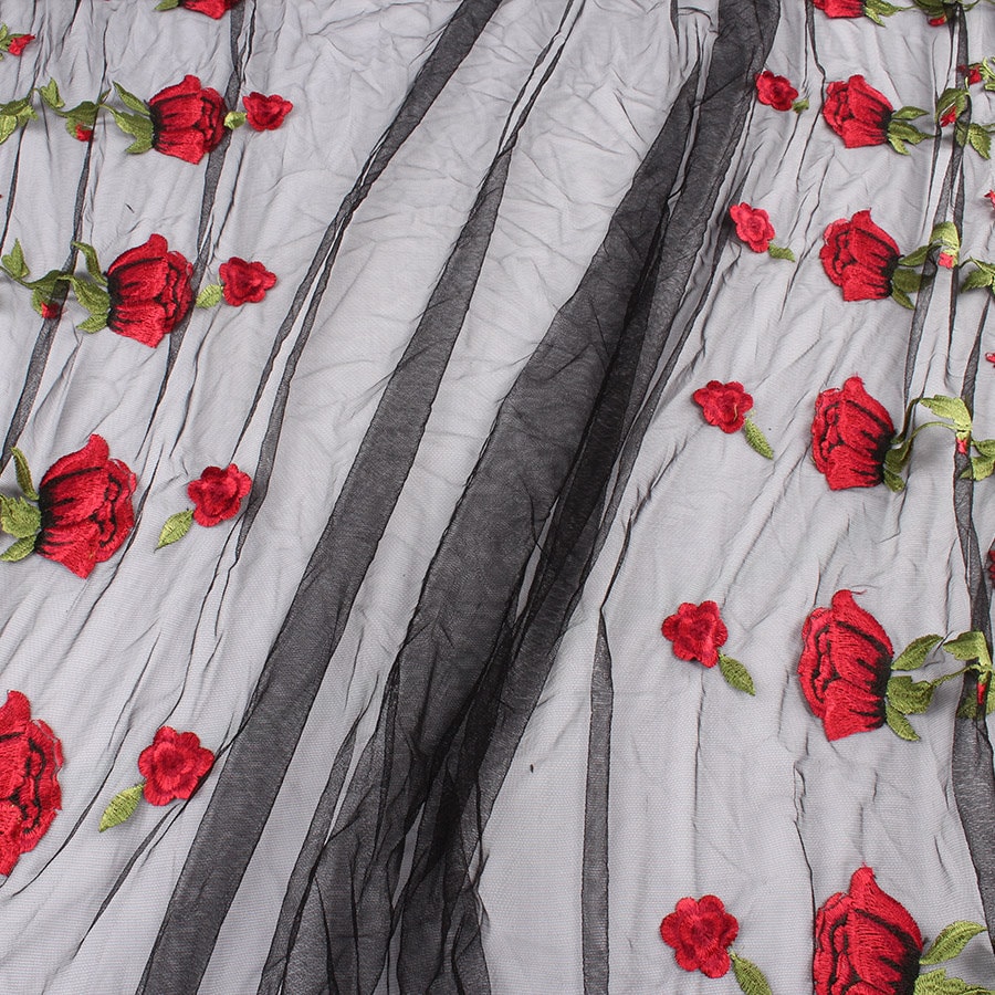 Red Floral Rose Lace Fabric Bilateral Embroidered Net Fabric - Etsy