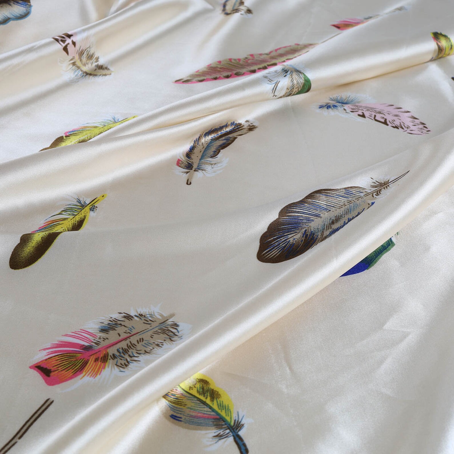 1 Yard Micro Elastic Satin Fabric Feathers Printed Imitate Silk ...
