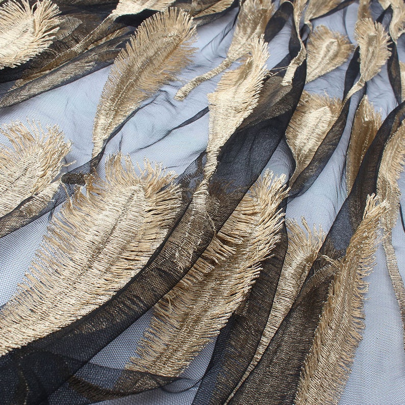 1 Yard Translucent Tulle Mesh Fabric Feathers Appliqued for - Etsy