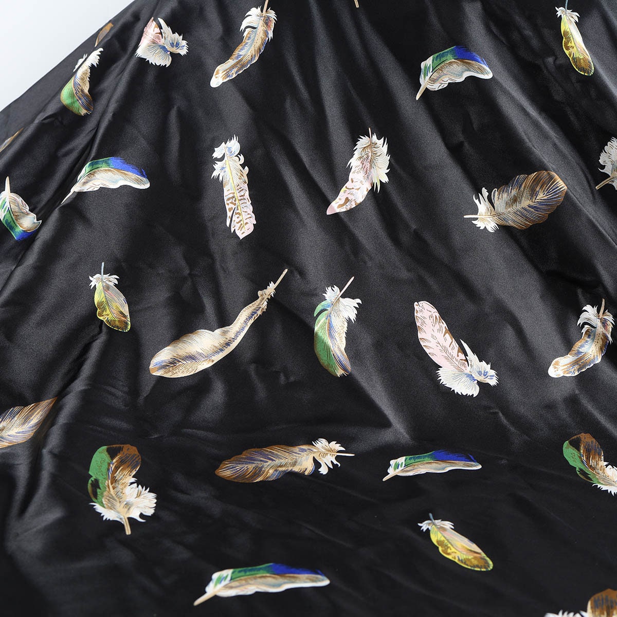 1 Yard Micro Elastic Satin Fabric Feathers Printed Imitate Silk ...