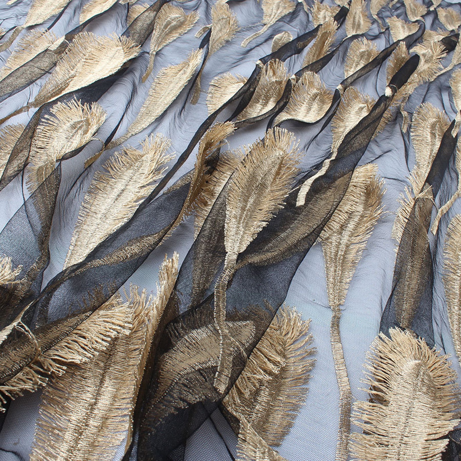 1 Yard Translucent Tulle Mesh Fabric Feathers Appliqued for - Etsy