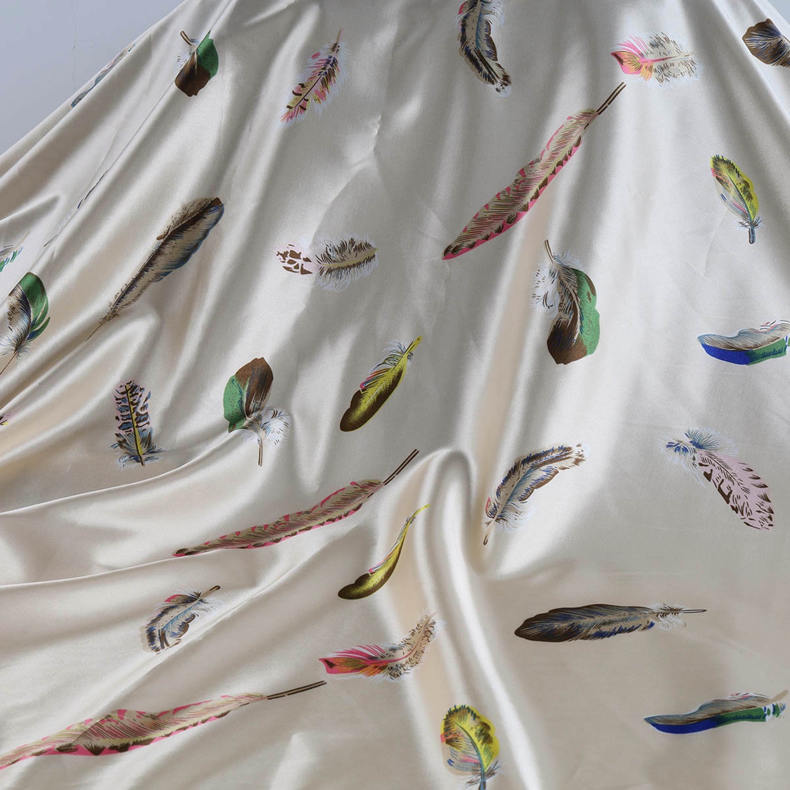 1 Yard Micro Elastic Satin Fabric Feathers Printed Imitate Silk ...