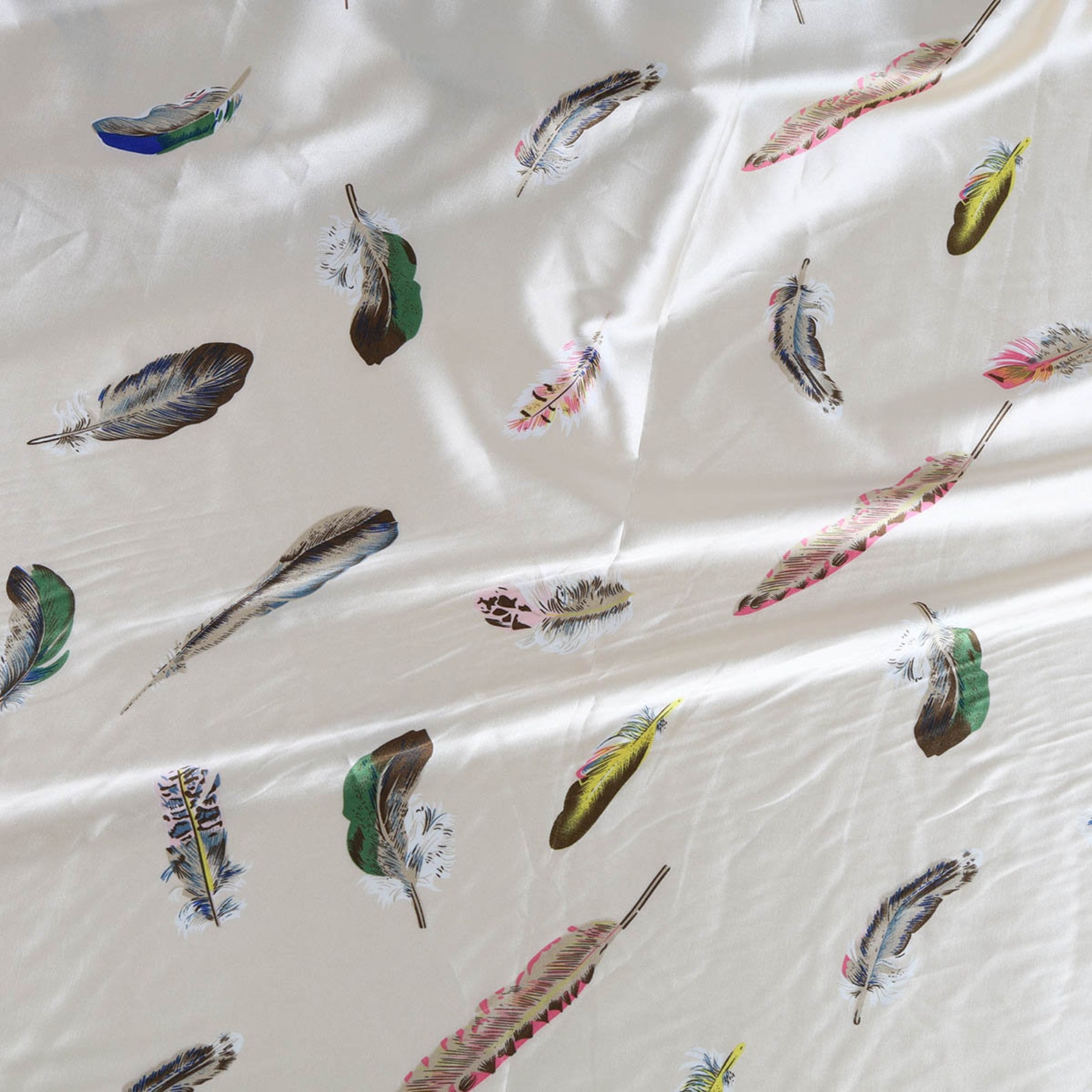1 Yard Micro Elastic Satin Fabric Feathers Printed Imitate Silk ...