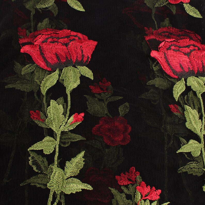 Red Floral Rose Lace Fabric Bilateral Embroidered Net Fabric - Etsy
