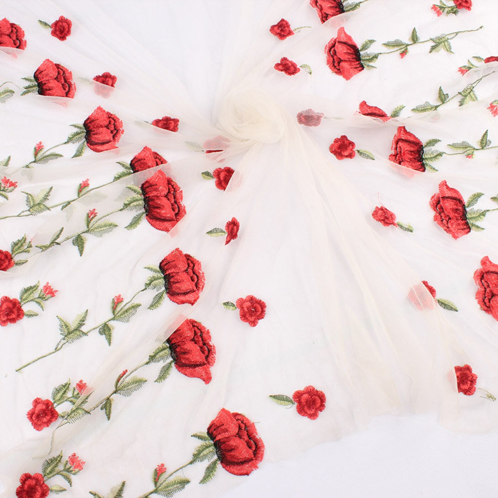 Red Floral Rose Lace Fabric Bilateral Embroidered Net Fabric | Etsy