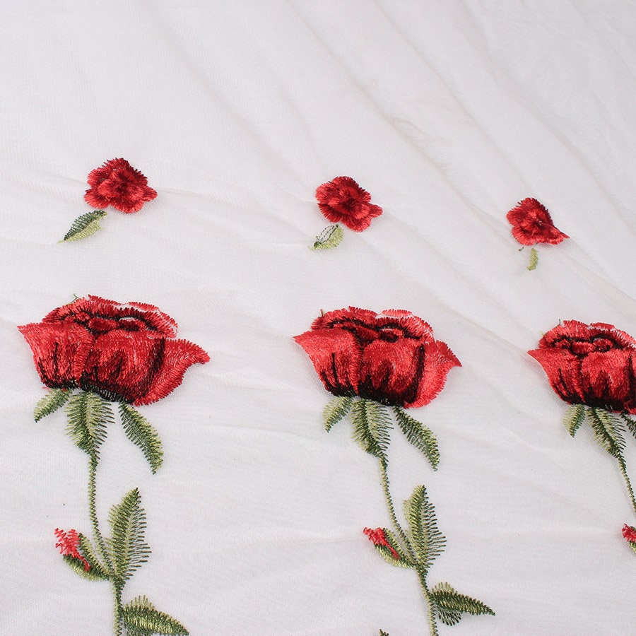 Red Floral Rose Lace Fabric Bilateral Embroidered Net Fabric - Etsy