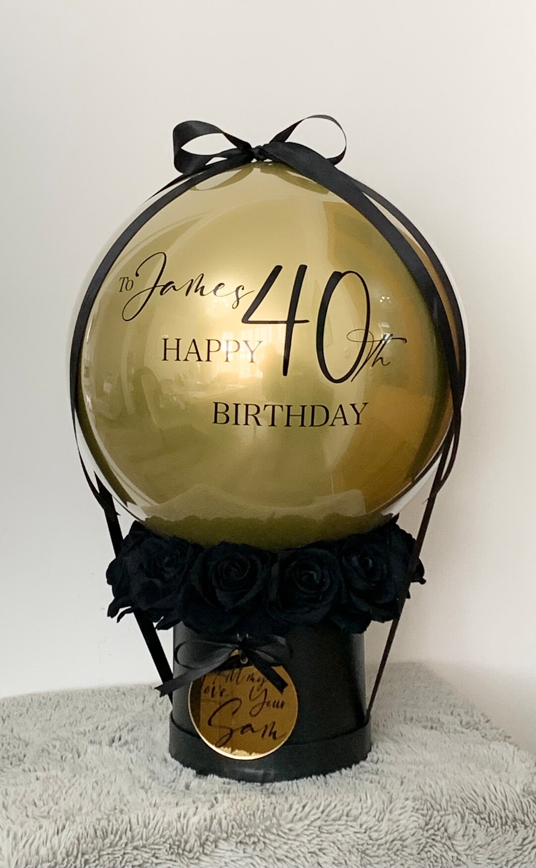 Bobo Bubble Balloon With Velvet Roses Inside a Hat Box. Gold Mirrored ...