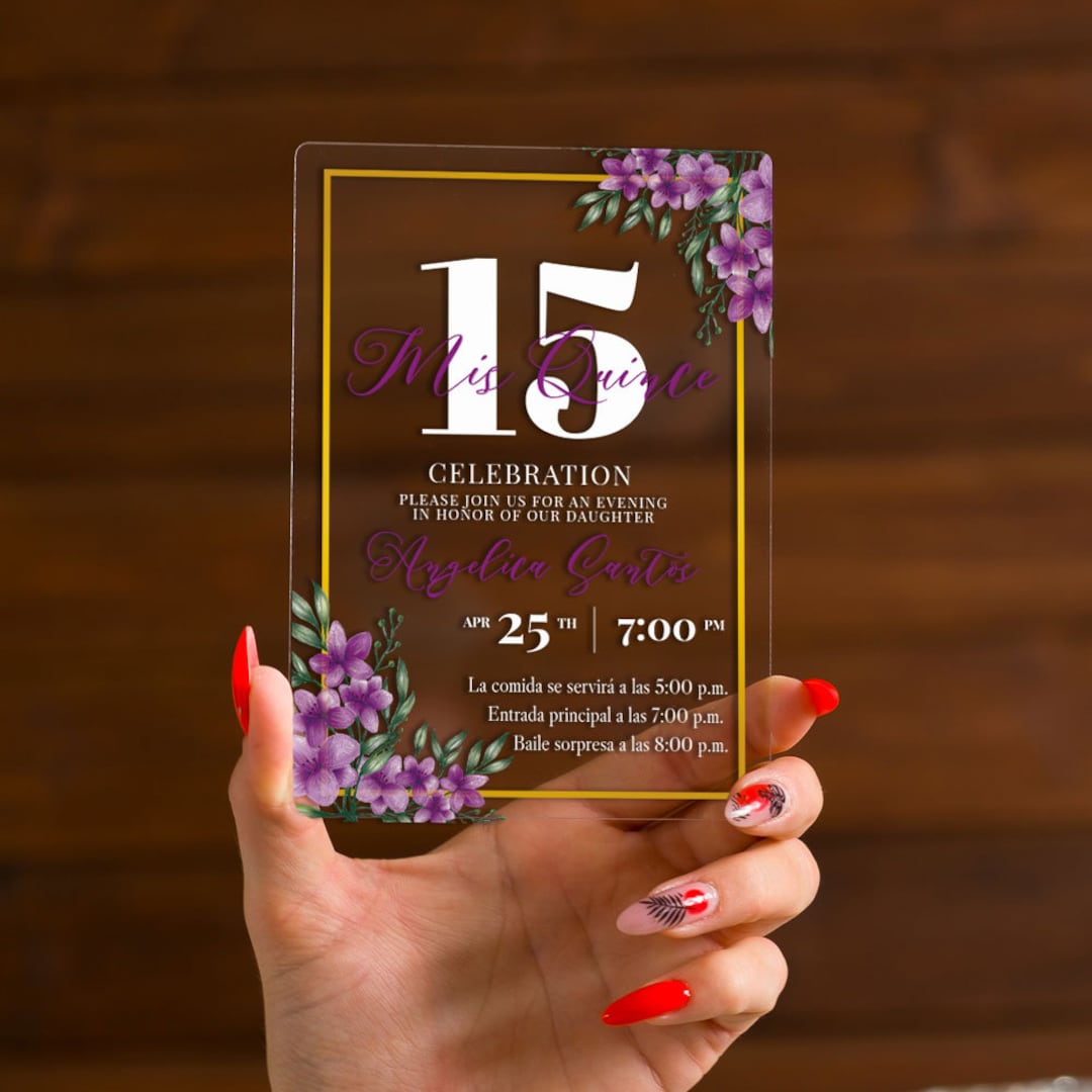 Purple Invitation for Quinceañera | Glamour Quince Party Card | Flower ...
