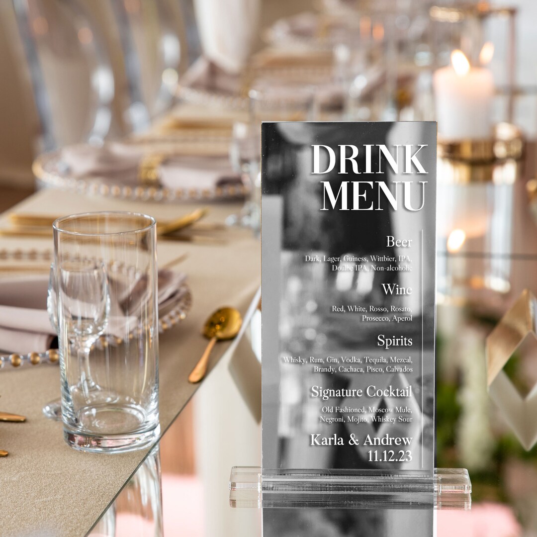 Silver Drink Menu With Base | Personalized Wedding Detail | Elegant ...
