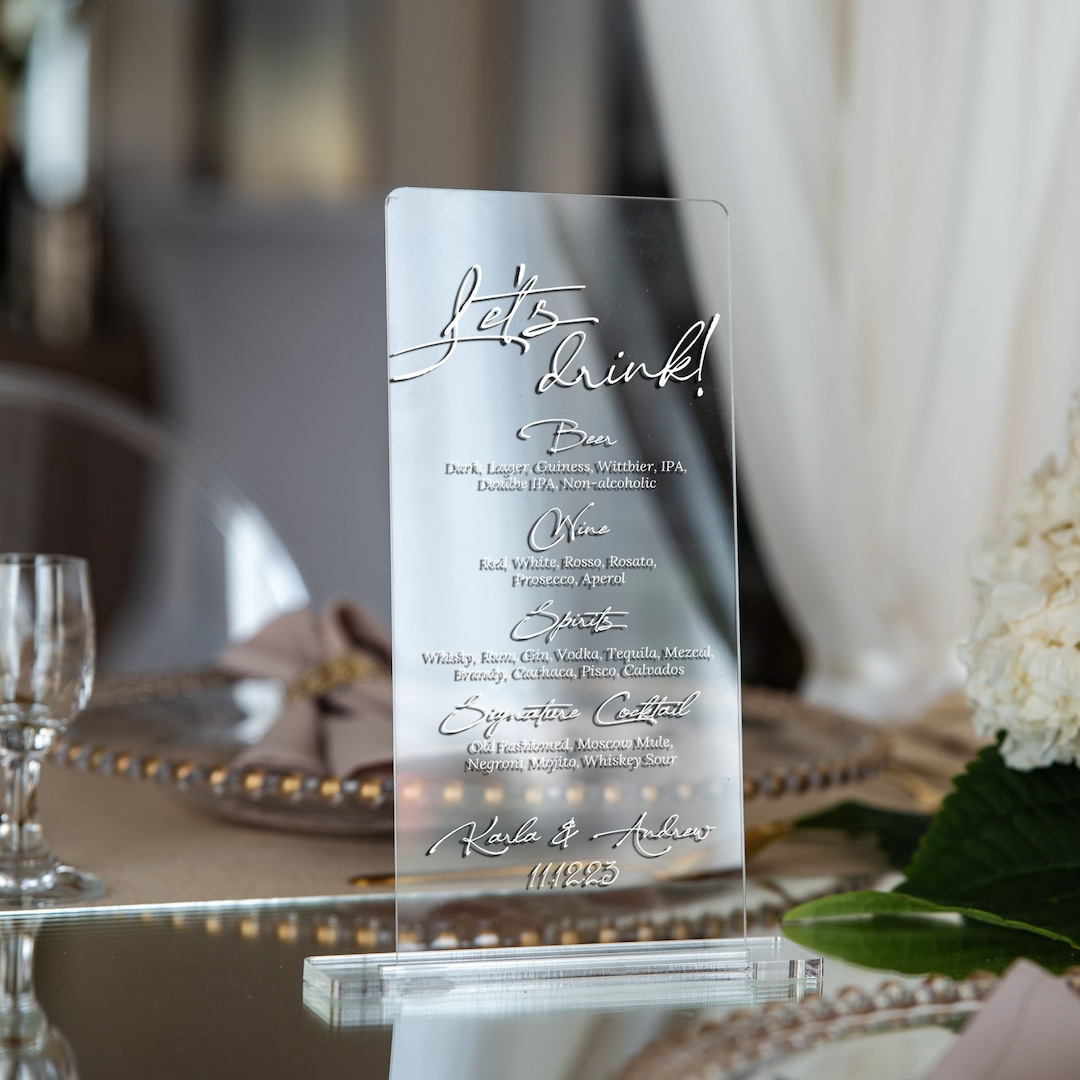 Clear Drink Menu With Base | Personalized Wedding Detail | Modern Party ...
