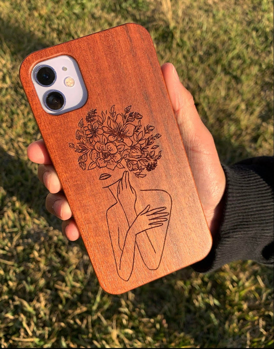 Line Drawing Woman With Flowers on Real Wooden Phone Case for - Etsy