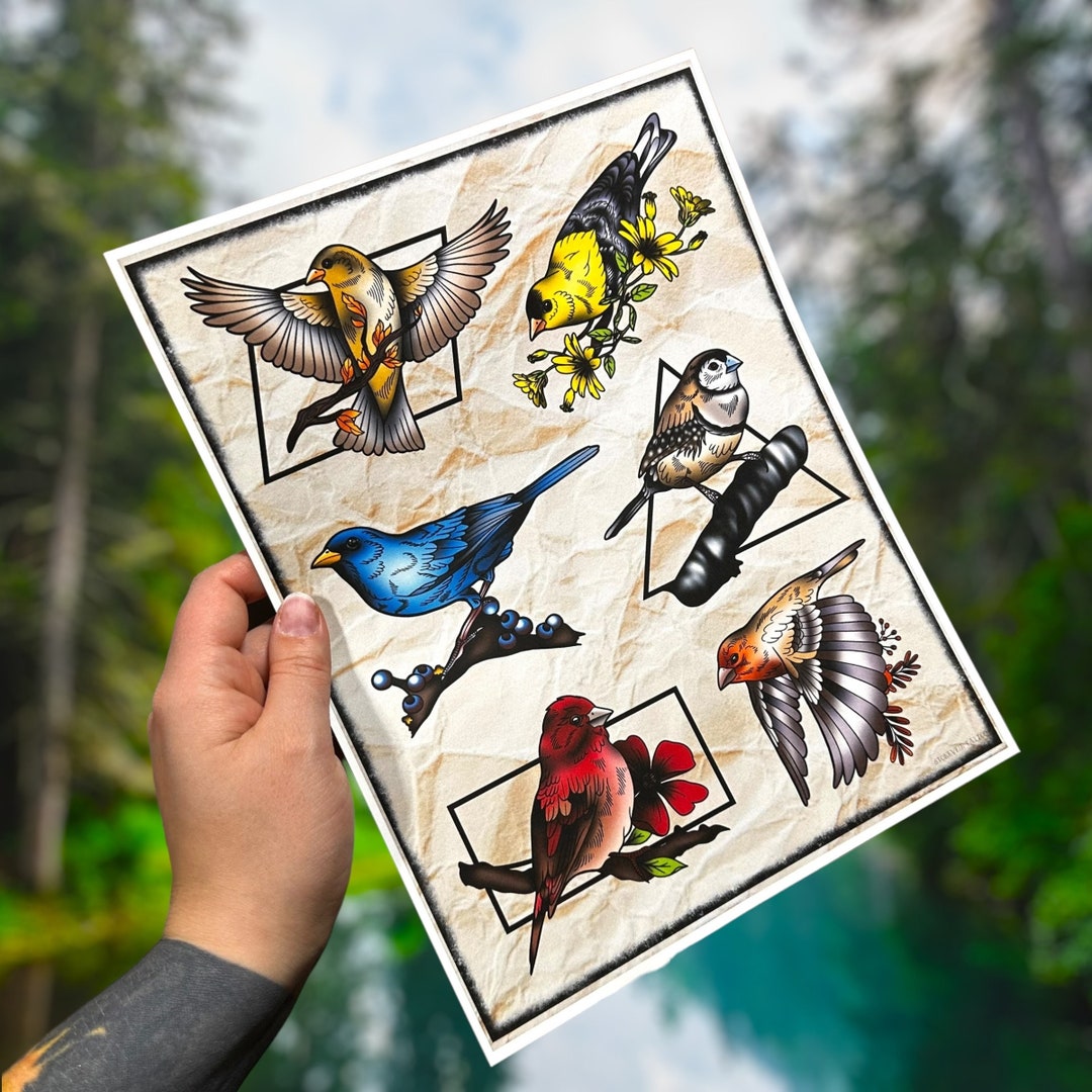 Bird Tattoos Finch Tattoos Tattoo Flash Sheet Print Finch Bird Tattoos ...