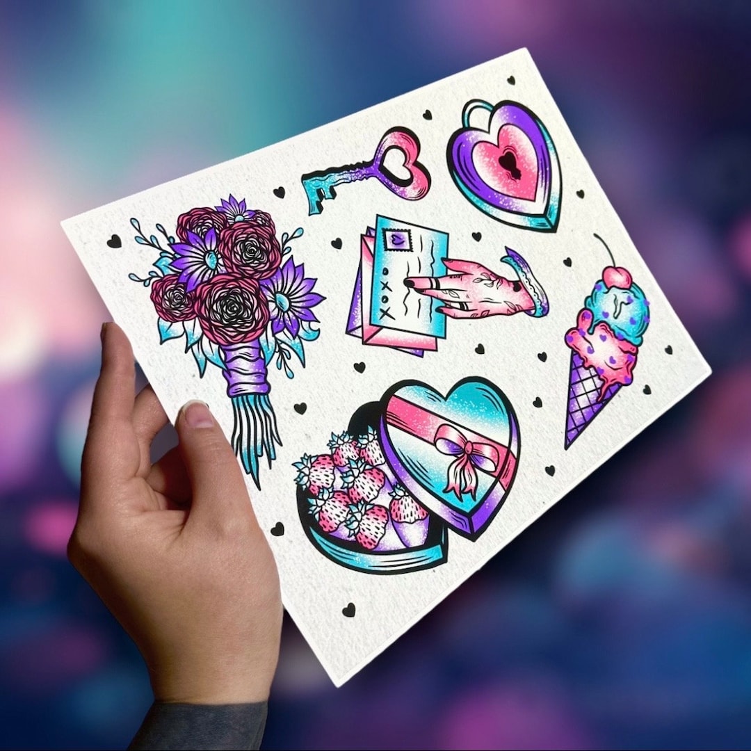 Valentines Tattoo Flash Sheet Print Heart Flash Sheet Love Flash Sheet ...