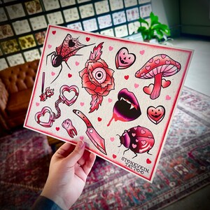 Gothic Valentine’s Tattoo Flash Sheet Print - Heart Flash Sheet - Love ...
