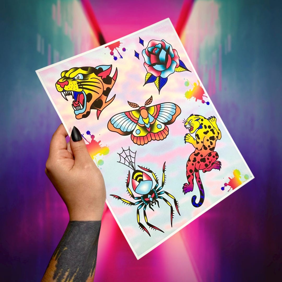 Retro Lisa Frank Style Traditional Tattoos Flash Sheet Print Tattoos ...