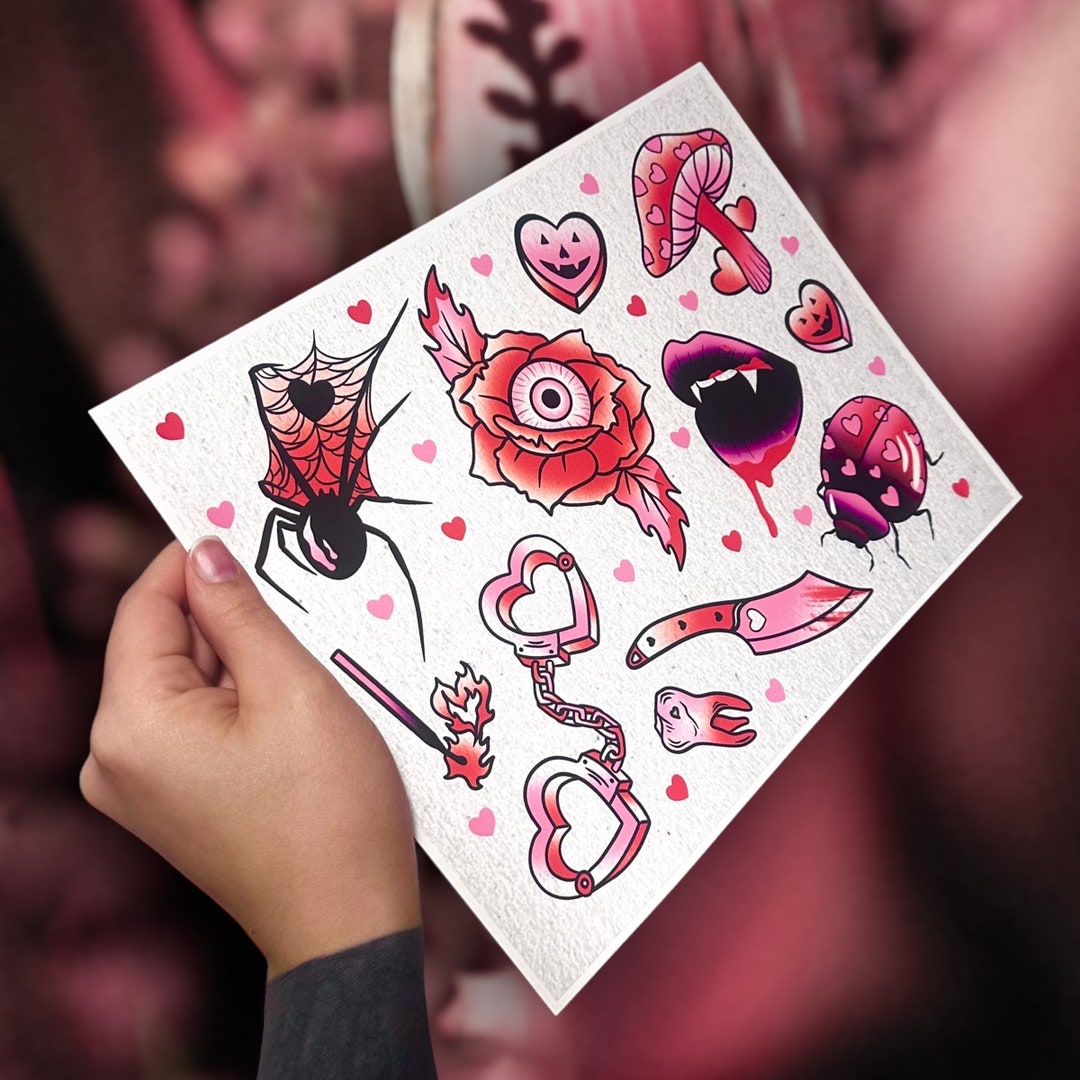 Gothic Valentines Tattoo Flash Sheet Print Heart Flash Sheet Love Flash ...