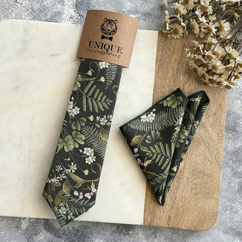 Tropical Floral Necktie & Pocket Square Set: Forest Green Wedding ...