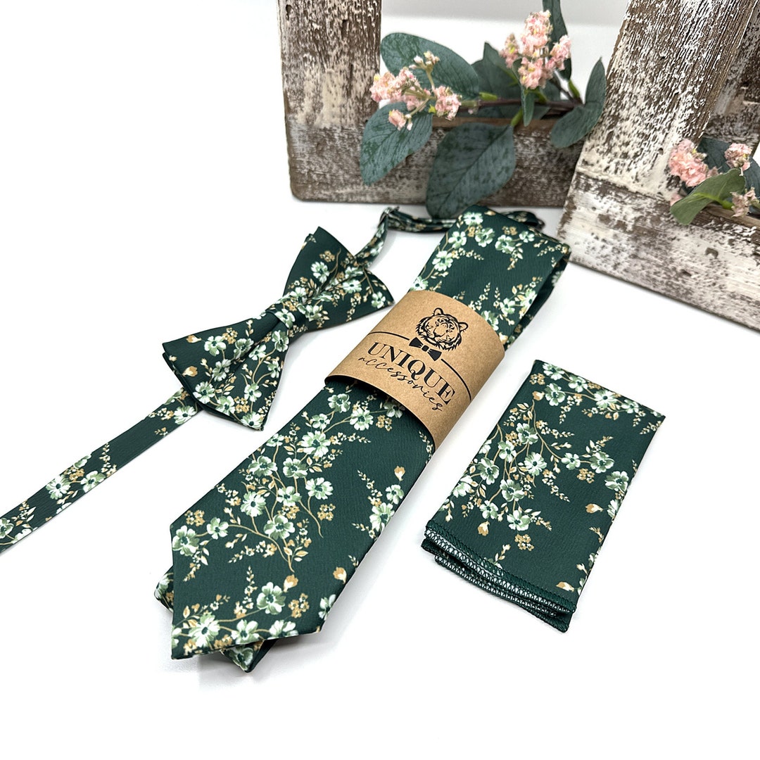 Dark Green Necktie, Floral Necktie, Wedding Floral Ties, Groomsmen ...