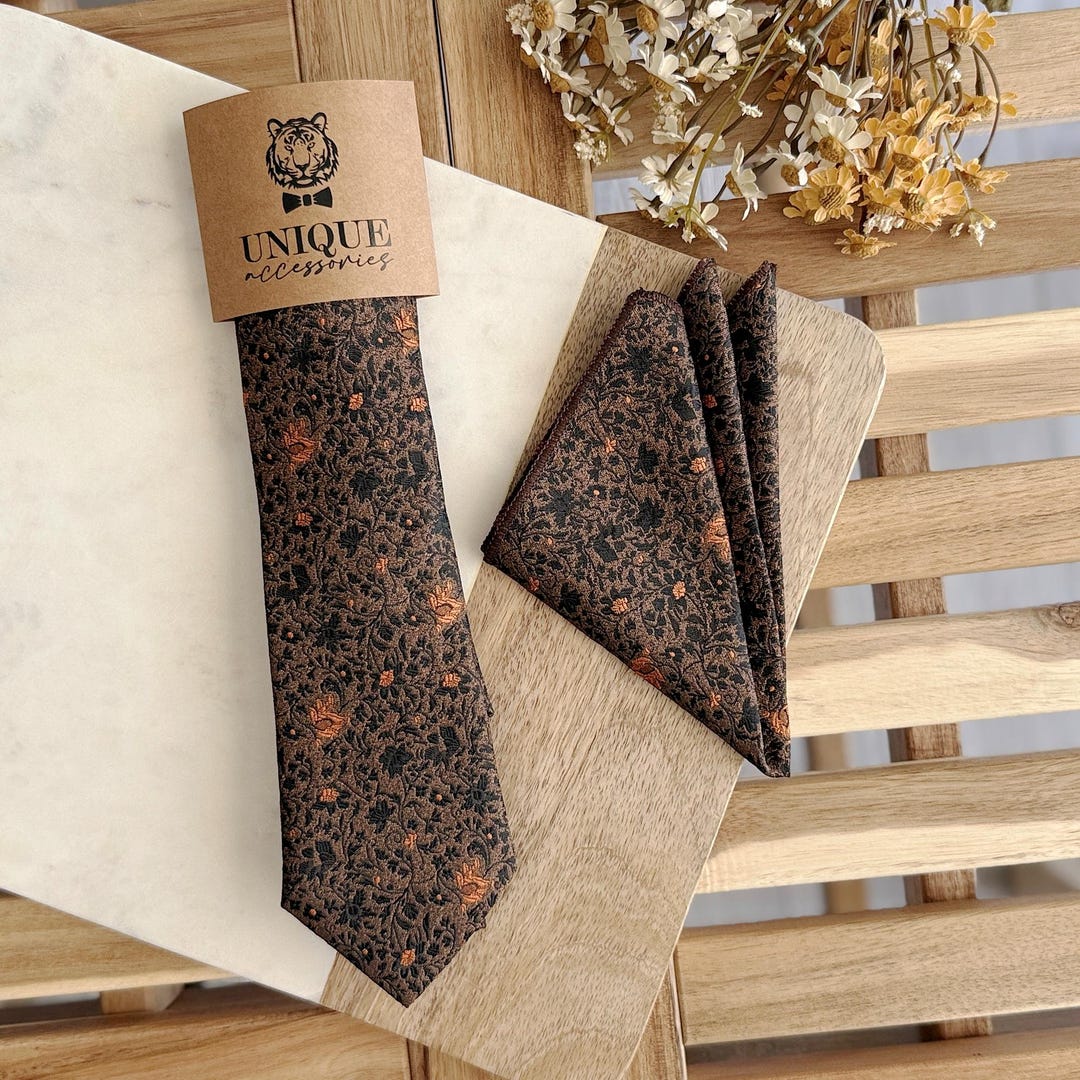 Brown Floral Tie and Pocket Square Set: Rustic Copper Wedding - Etsy