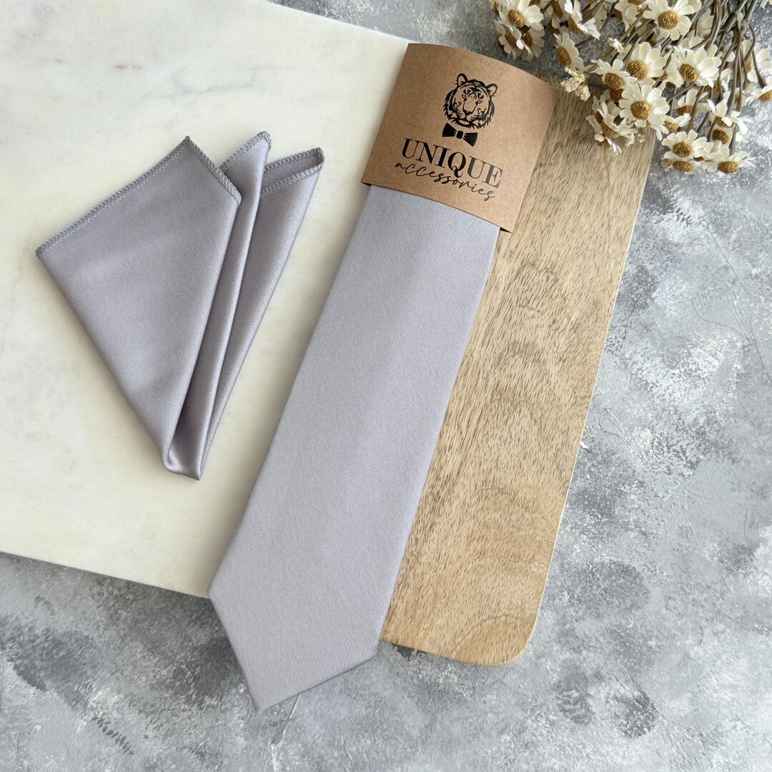 Light Grey Tie and Pocket Square Set - Solid Dove Gray Necktie for ...