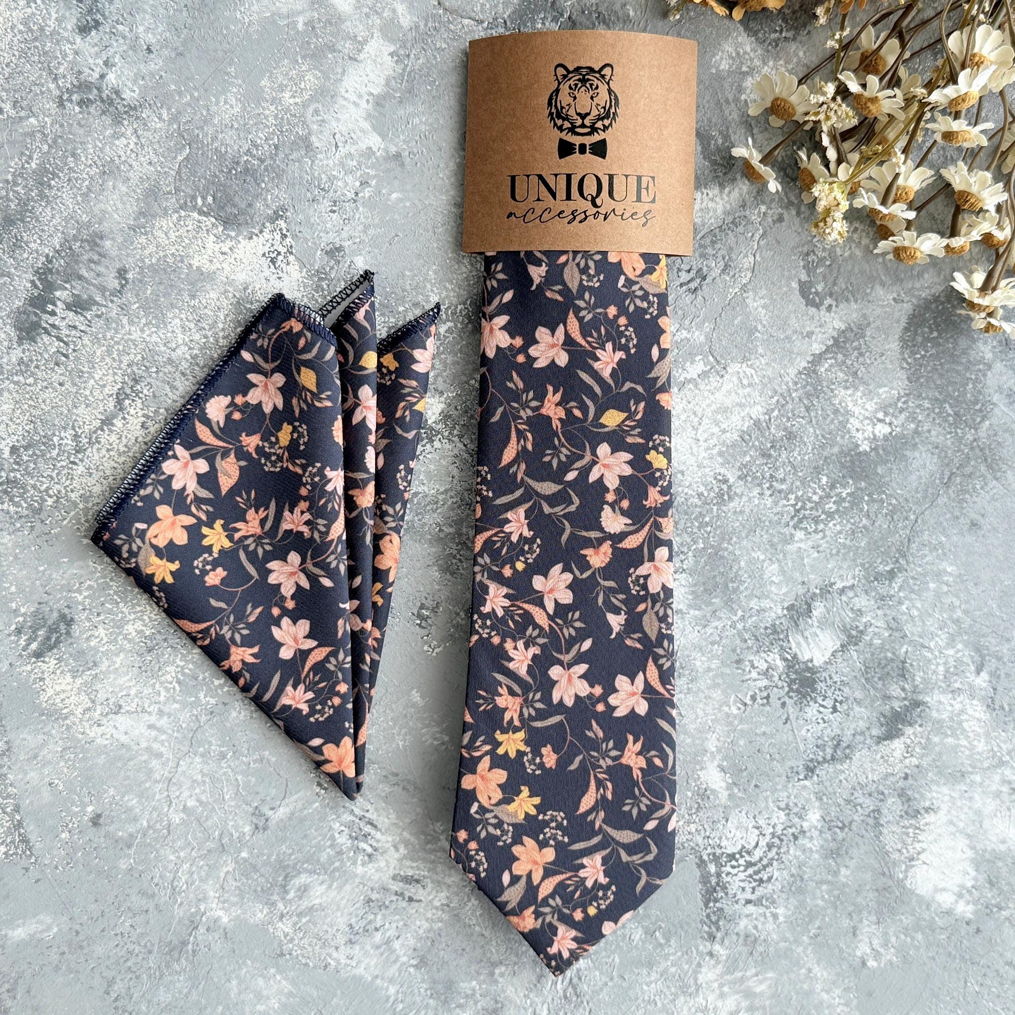 Navy Floral Tie Set: Blush Peach Wedding Necktie, Groomsmen Ties - Etsy ...