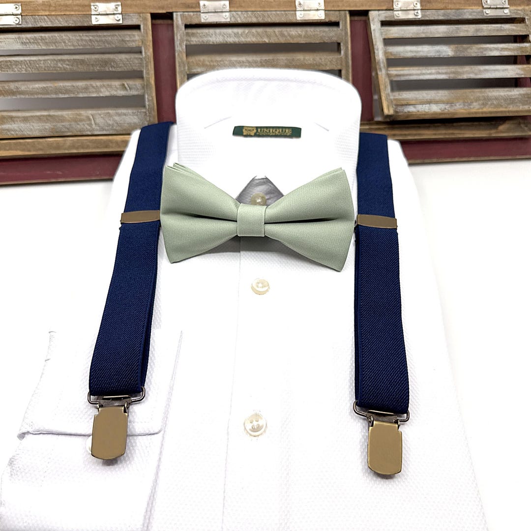 Navy Blue Suspenders, Dusty Sage Green Bowtie, Suspender Bowtie Set ...