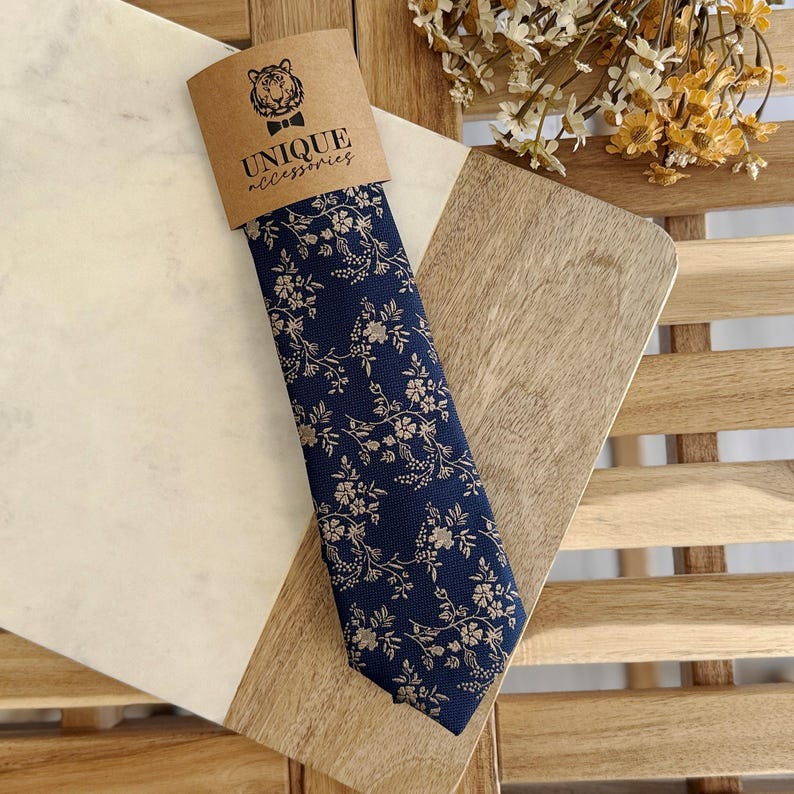 Floral Navy Necktie: Soft Gold Wedding Groom Tie - Etsy