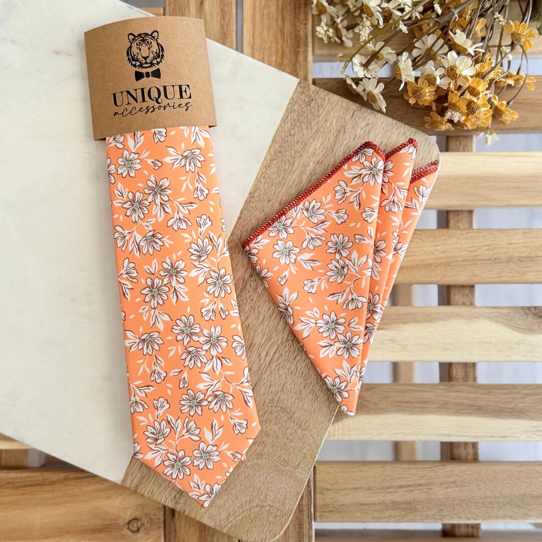 Peach Daisy Floral Necktie & Pocket Square Set: Wedding Groomsmen Gift ...
