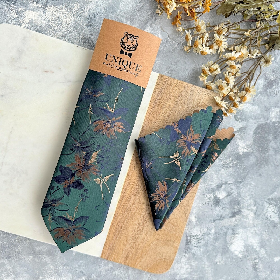 Emerald Green Floral Tie: Jacquard Copper Flower Necktie - Etsy