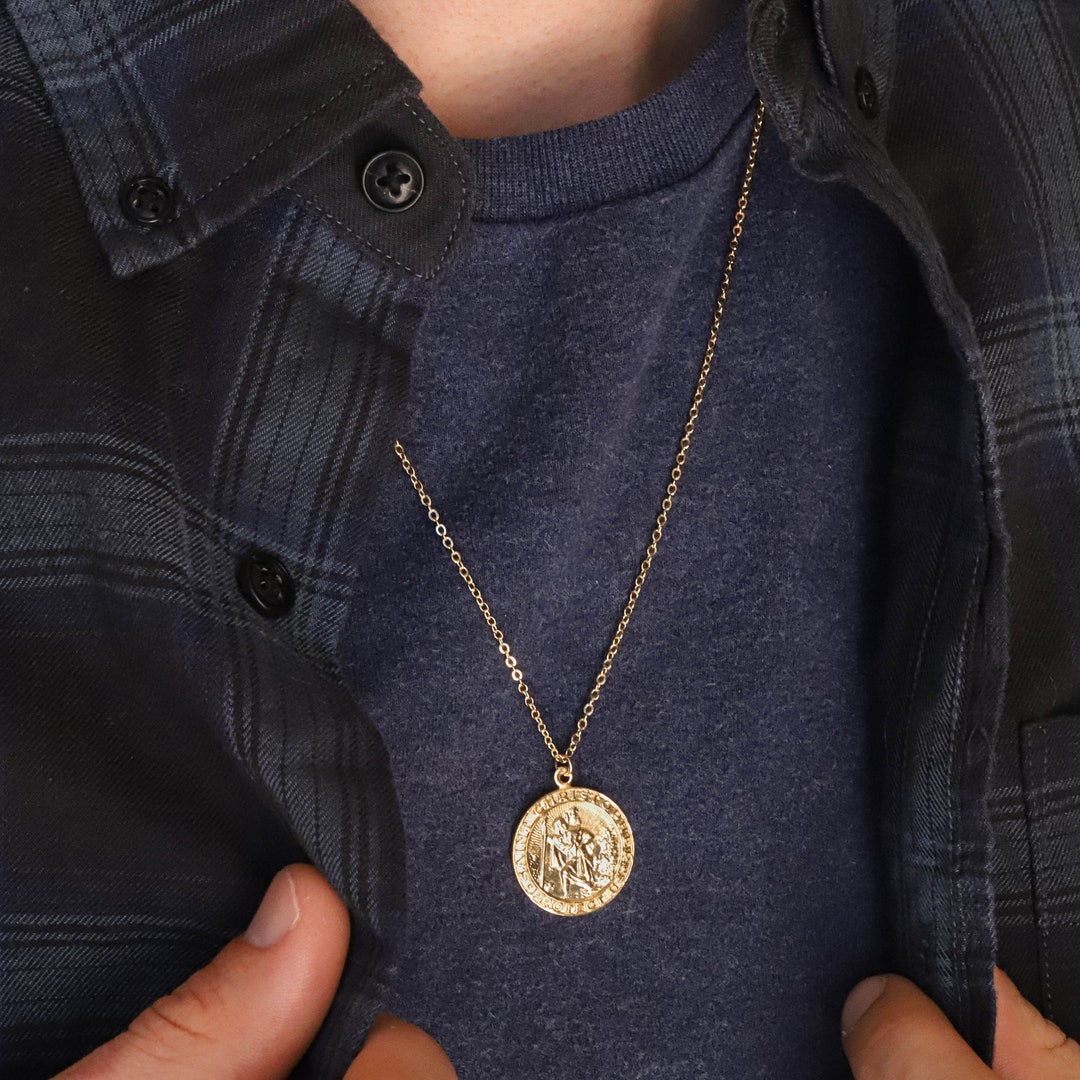 Mens Gold St Christopher Coin Necklace 14K Gold Filled - Etsy