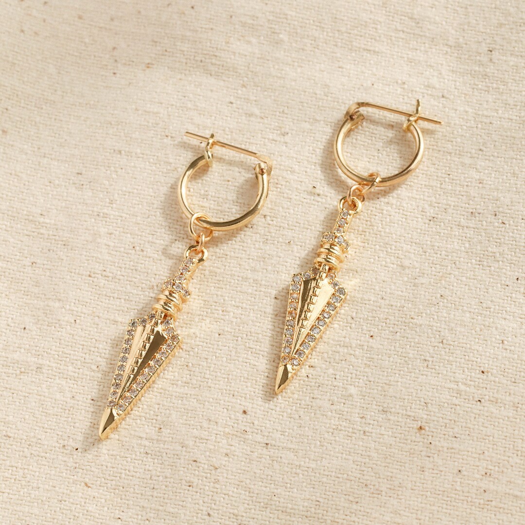 Gold Sword Earrings, 14K Gold Filled Hoop Earrings, Statement Dagger Earrings, Unique Huggie ...