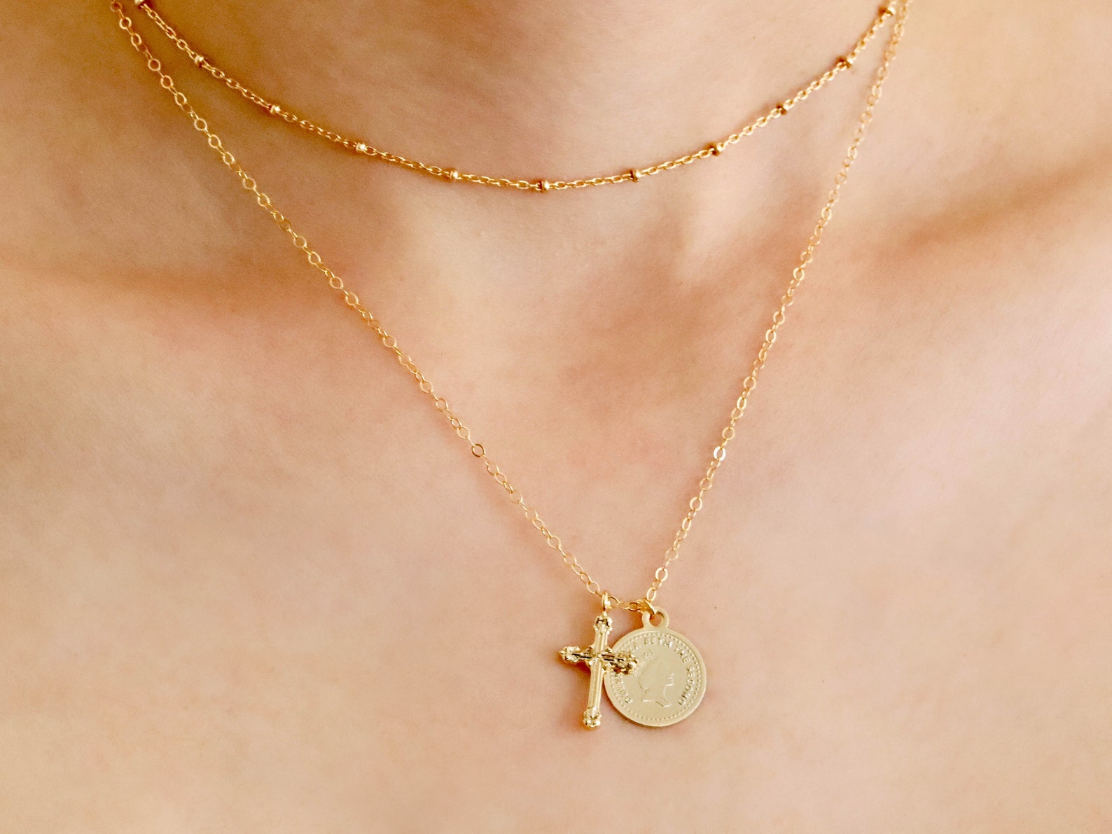 Gold Coin Necklace 14K Gold Necklace Cross Necklace Layered - Etsy