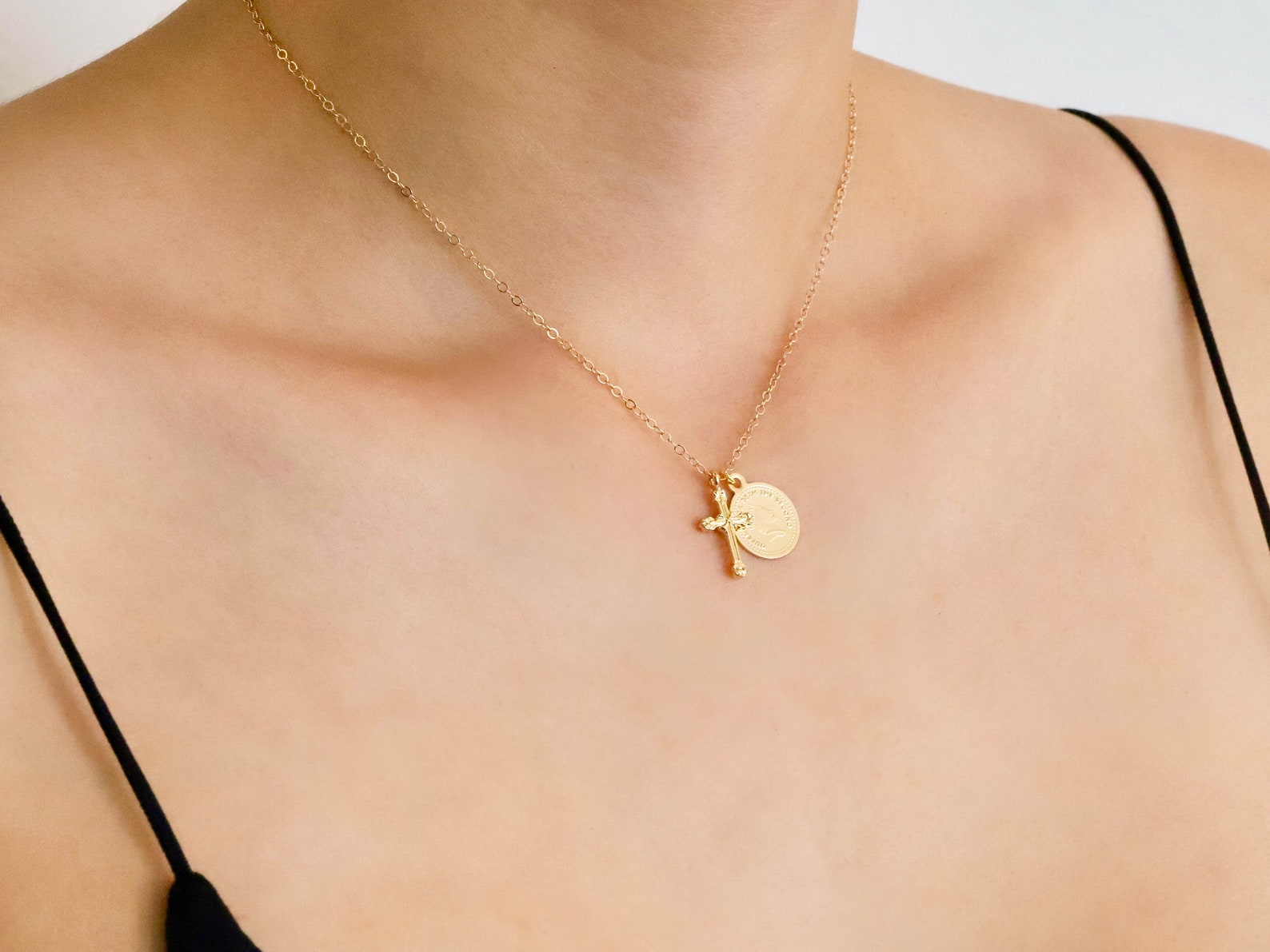 Gold Coin Necklace 14K Gold Necklace Cross Necklace Layered - Etsy