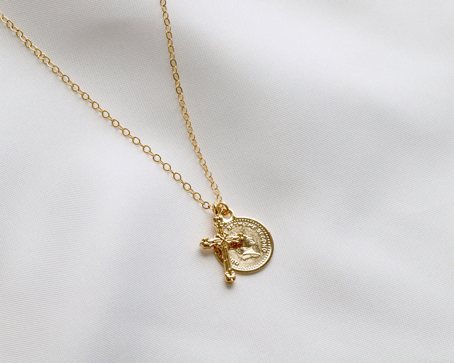Gold Coin Necklace 14K Gold Necklace Cross Necklace Layered | Etsy