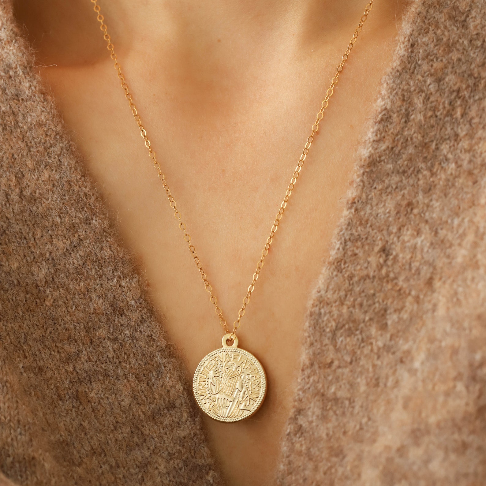 Gold Coin Necklace Gold Filled Necklace Greek Coin Necklace | Etsy